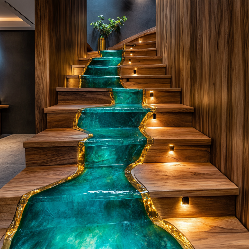 Custom Wood Staircase With A Turquoise Resin River Run – Elitecustomtable